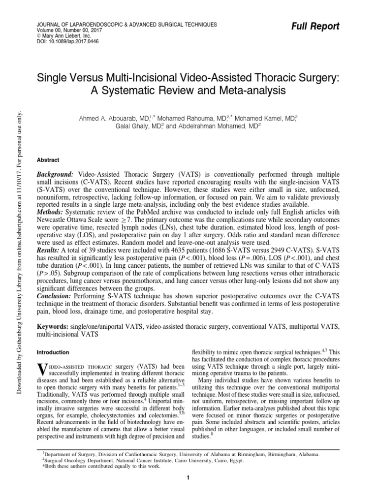 Single Versus Multi-Incisional Video-Assisted Thoracic Surgery: A ...