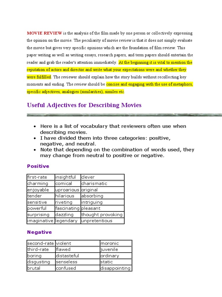 Useful Adjectives For Describing Movies: Movie Review | PDF | Lyric ...