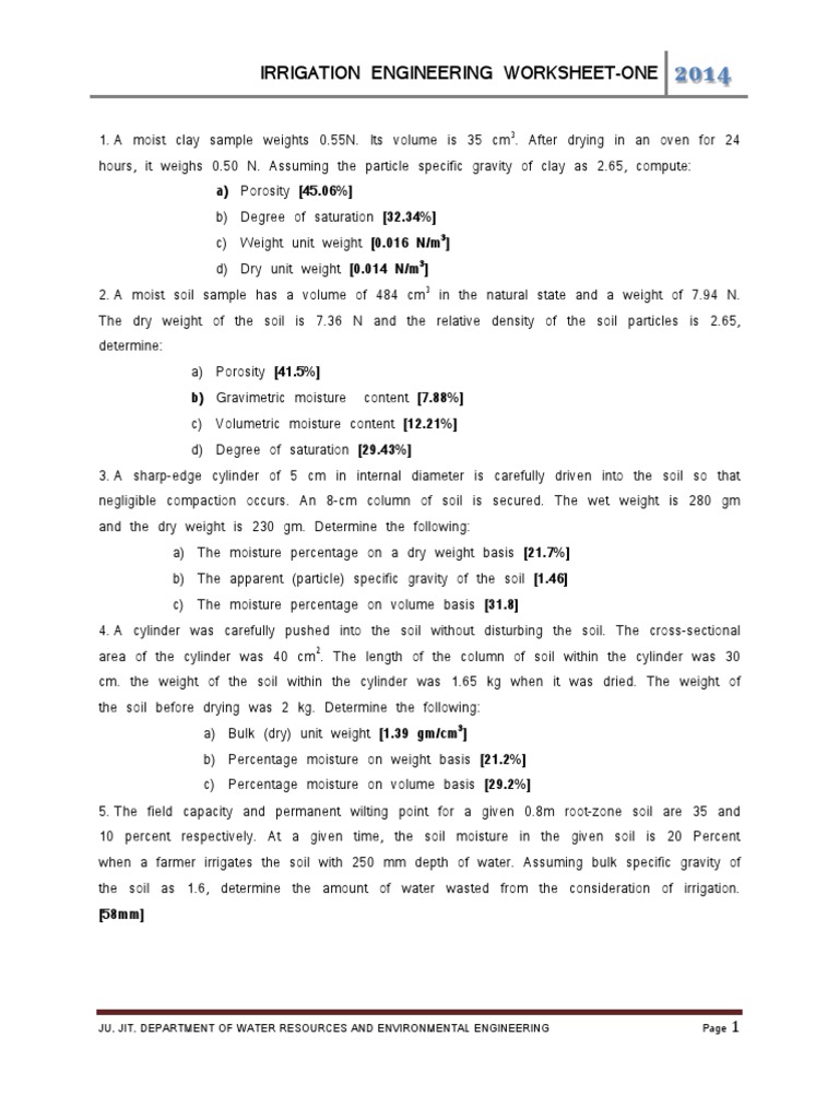 Irrigation Engineering Worksheet-One: A) Porosity (45.06%) ) ) | PDF