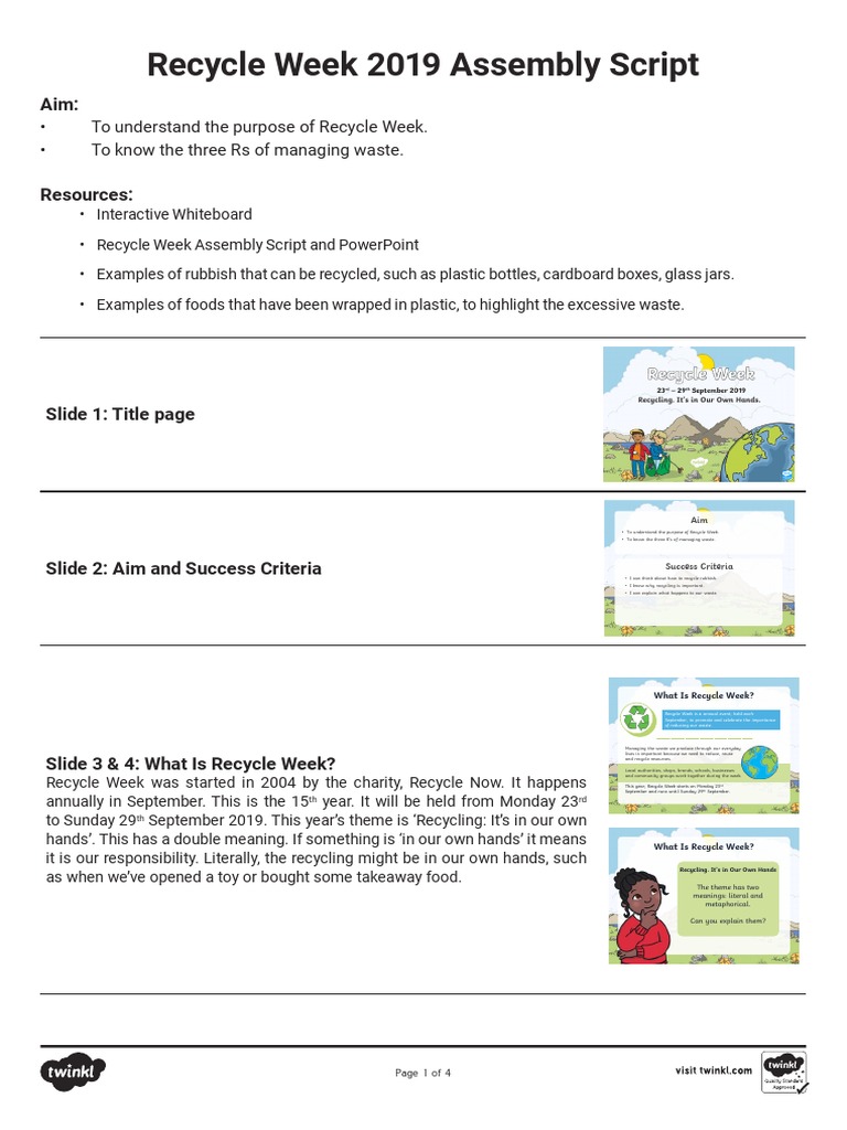 Recycle Week 2019 Assembly Script | PDF | Reuse | Recycling
