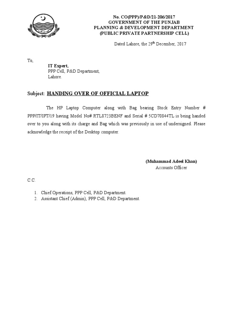 Handing Over of Official Laptop: Subject | Download Free PDF ...
