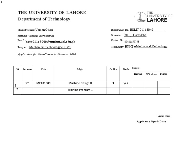 The University of Lahore Department of Technology | PDF