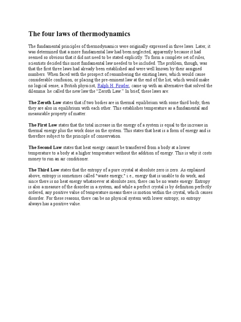 The Four Laws of Thermodynamics: Ralph H. Fowler | PDF