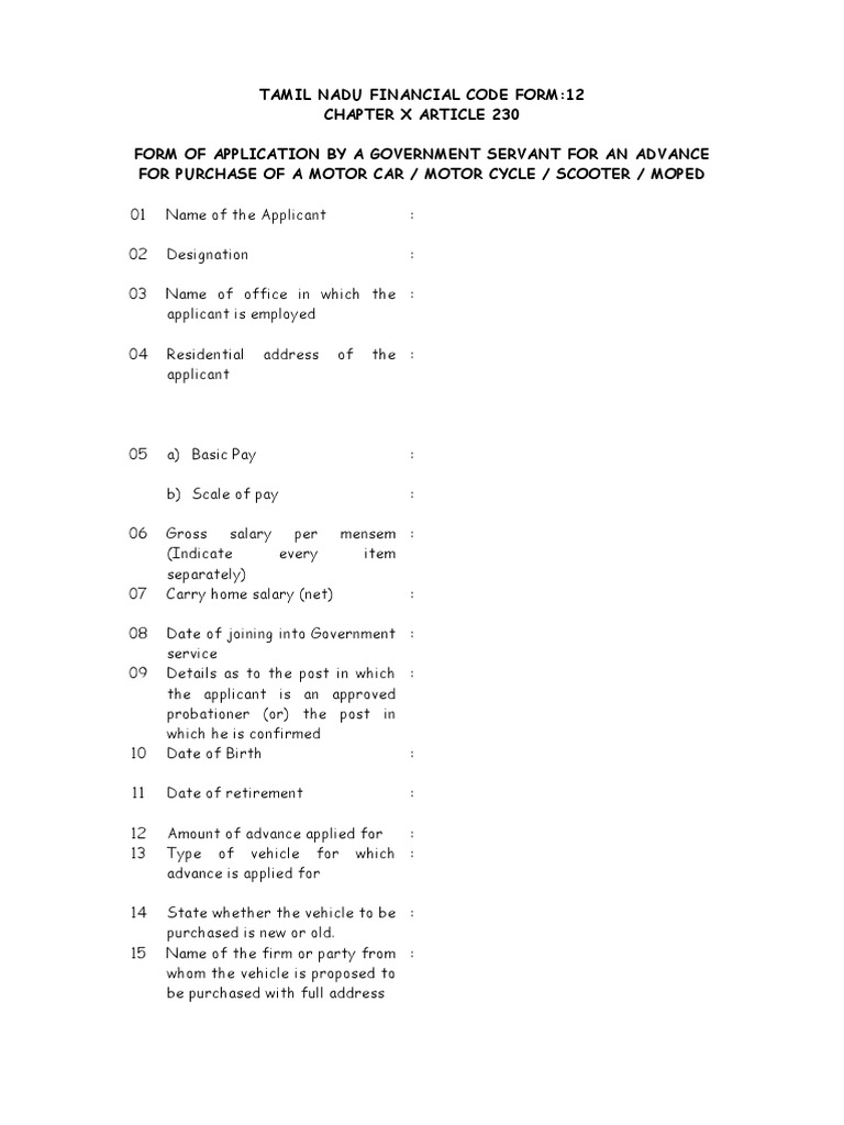 Application for a Motor Vehicle Advance: A Comprehensive Form for ...