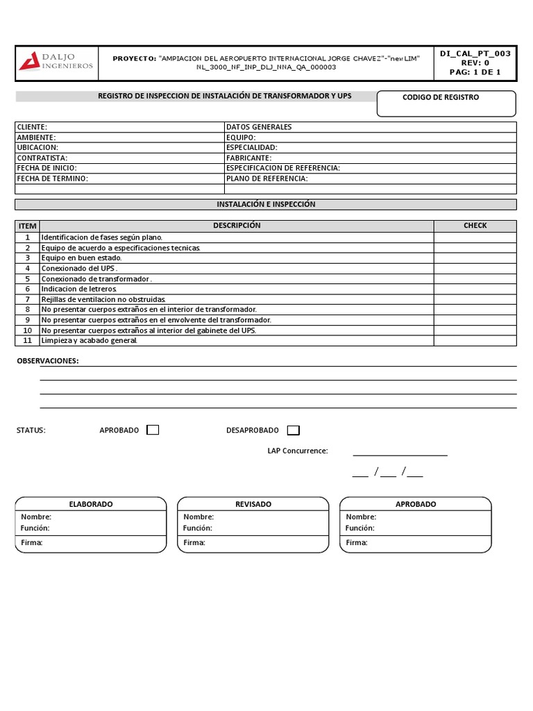 Protocolo de Instalacion de Transformador | PDF