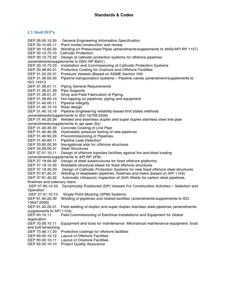 Standards Codes & Shell DEPs | PDF | Underwater Diving | Welding