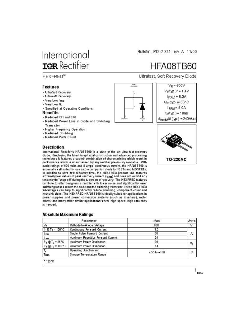 HFA08TB60: Ultrafast, Soft Recovery Diode Hexfred | PDF | Rectifier | Diode