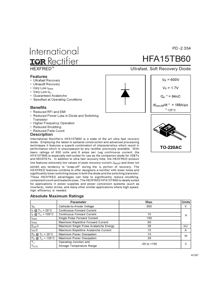 HFA15TB60: Ultrafast, Soft Recovery Diode Hexfred | PDF | Rectifier | Diode