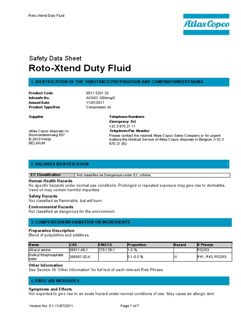 Roto-Xtend Duty Fluid Safety Data Sheet | PDF | Personal Protective ...
