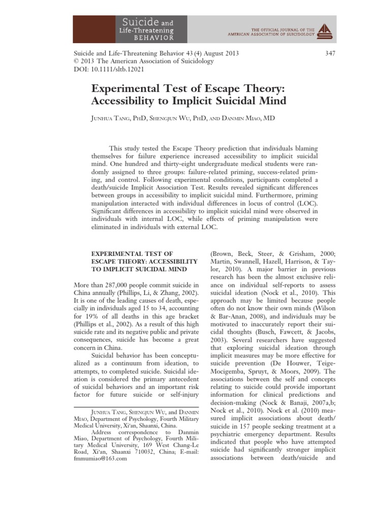 Experimental Test of Escape Theory PDF | PDF | Suicide | Priming ...