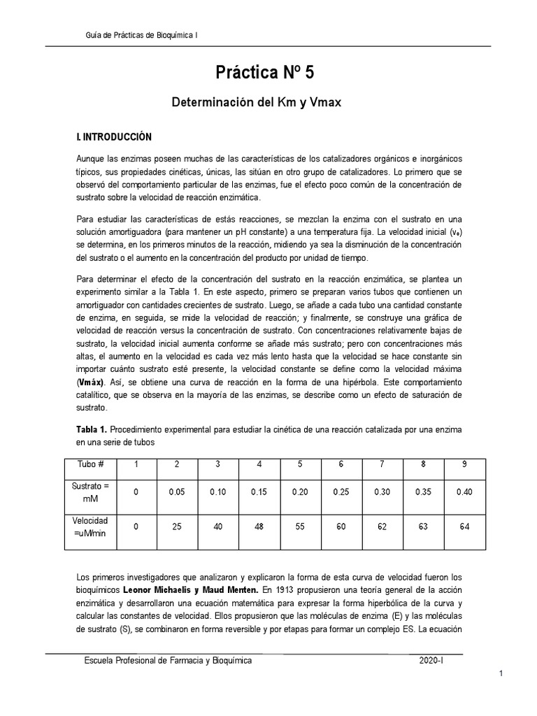 PRÁCTICA 5 Determinación de KM y Vmax | PDF | La cinética de enzimas | Enzima