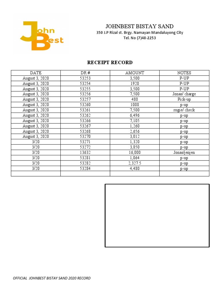 Johnbest Bistay Sand 2020 Receipt Record | PDF