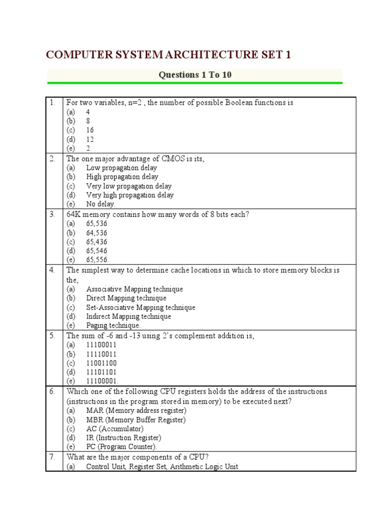 Computer System Architecture Set 1 Pdf Computer Data Storage