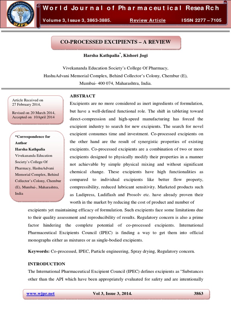 Co-Processed Excipients - A Review: Volume 3, Issue 3, 3863-3885 ...