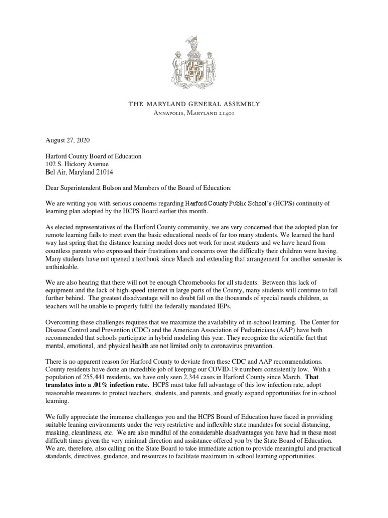 Letter To Superintendent and Board of Education - Harford County - MD ...