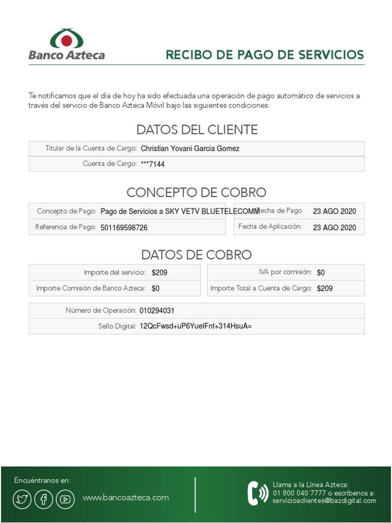 Recibo de pago de servicios de televisión por cable mediante débito ...