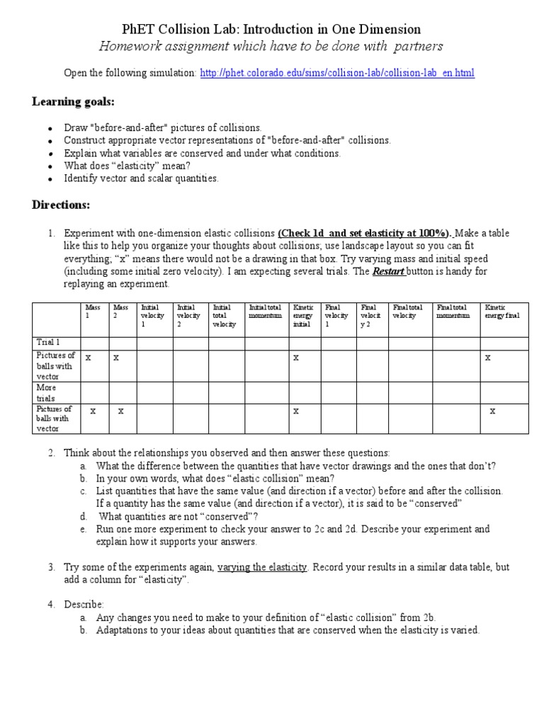 Homework Assignment Which Have To Be Done With Partners: Phet Collision Lab: Introduction in One ...