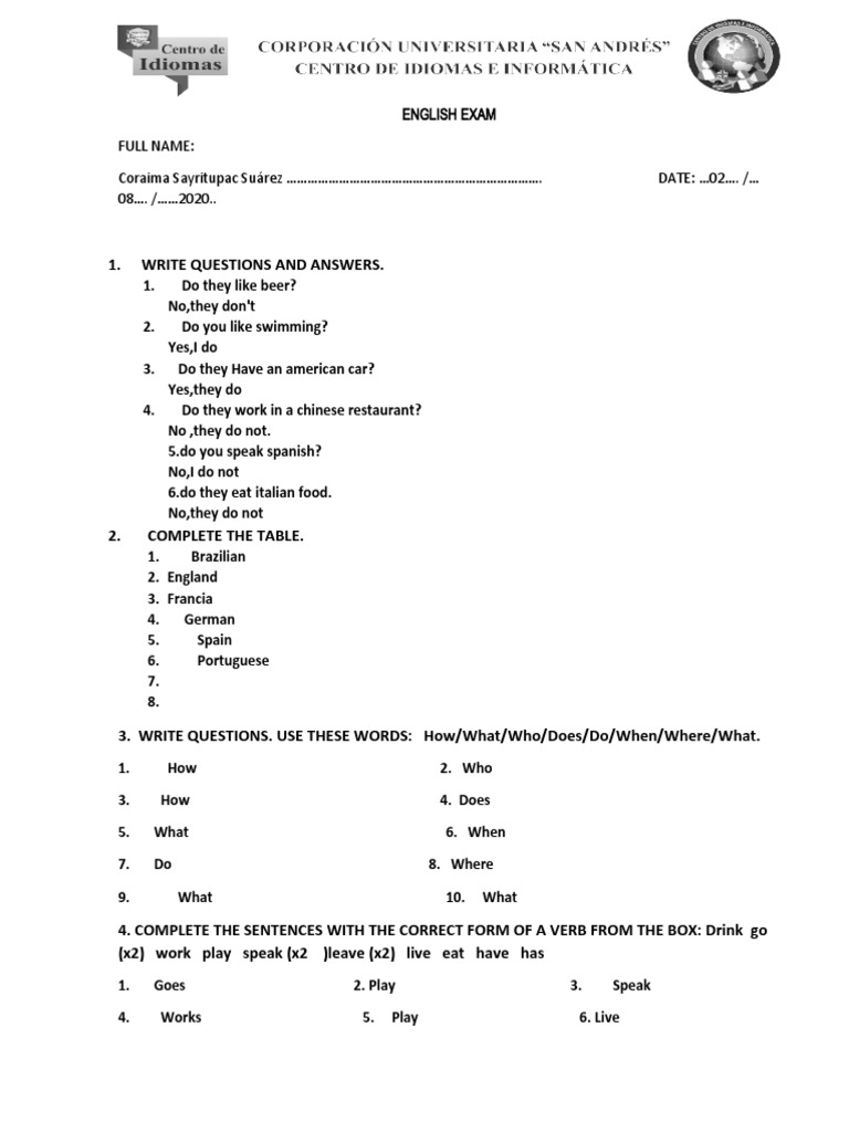 English Exam Full Name: Coraima Sayritupac Suárez . DATE: 02 . / 08 ...