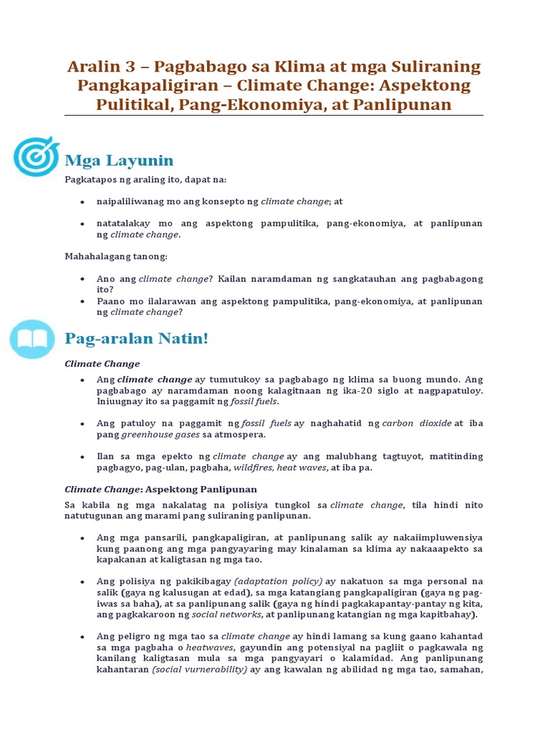 Aralin 3 - Pagbabago Sa Klima at Mga Suliraning Pangkapaligiran - Climate Change Aspektong ...