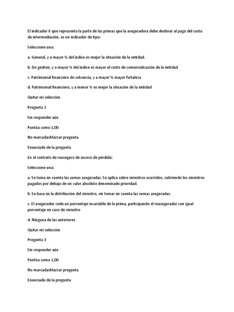 Cuestionario de Seguros y Reaseguros | PDF | Póliza de seguros | Reaseguro