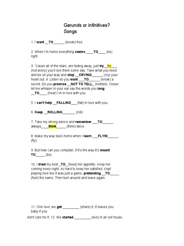 Gerunds or Infinitives - Songs | PDF