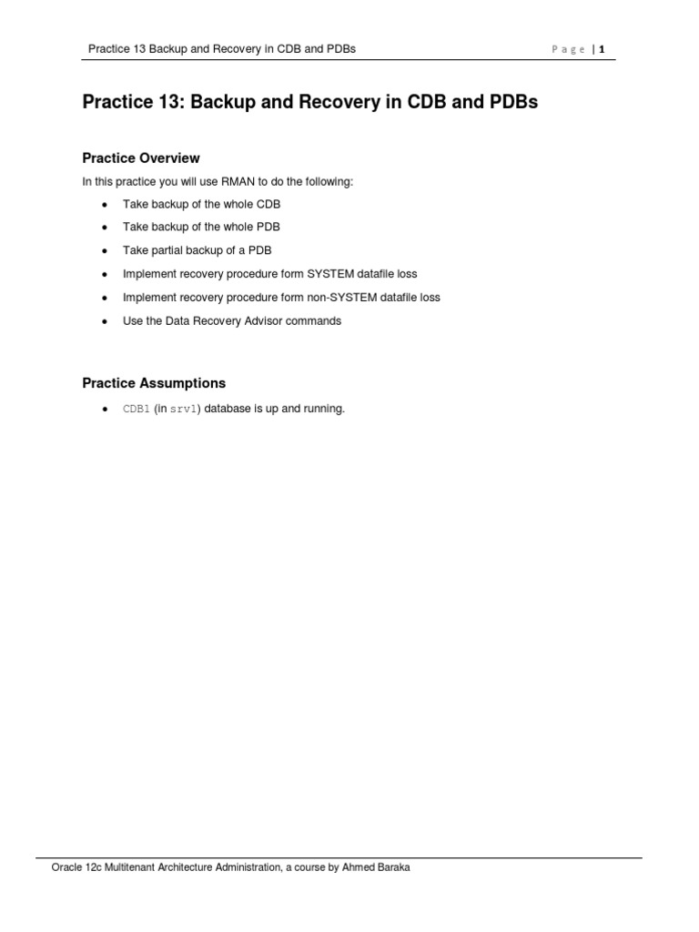 Practice 13: Backup and Recovery in CDB and Pdbs | PDF | Backup ...