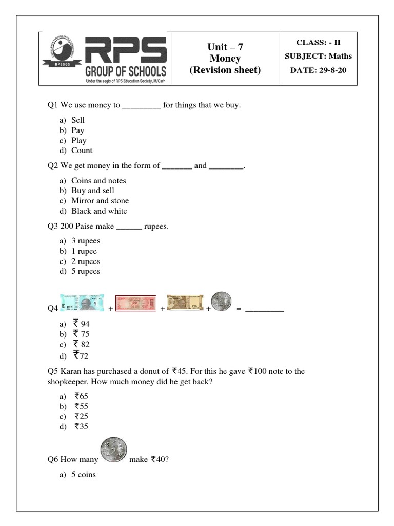 Unit-7 Money (Revision Sheet) | PDF