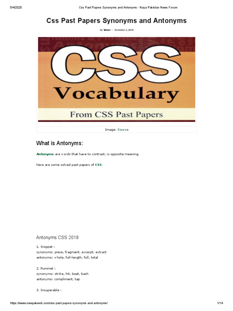 Solved Past Papers on Synonyms and Antonyms for CSS Exams from 2018-2014 | PDF | Lexical ...