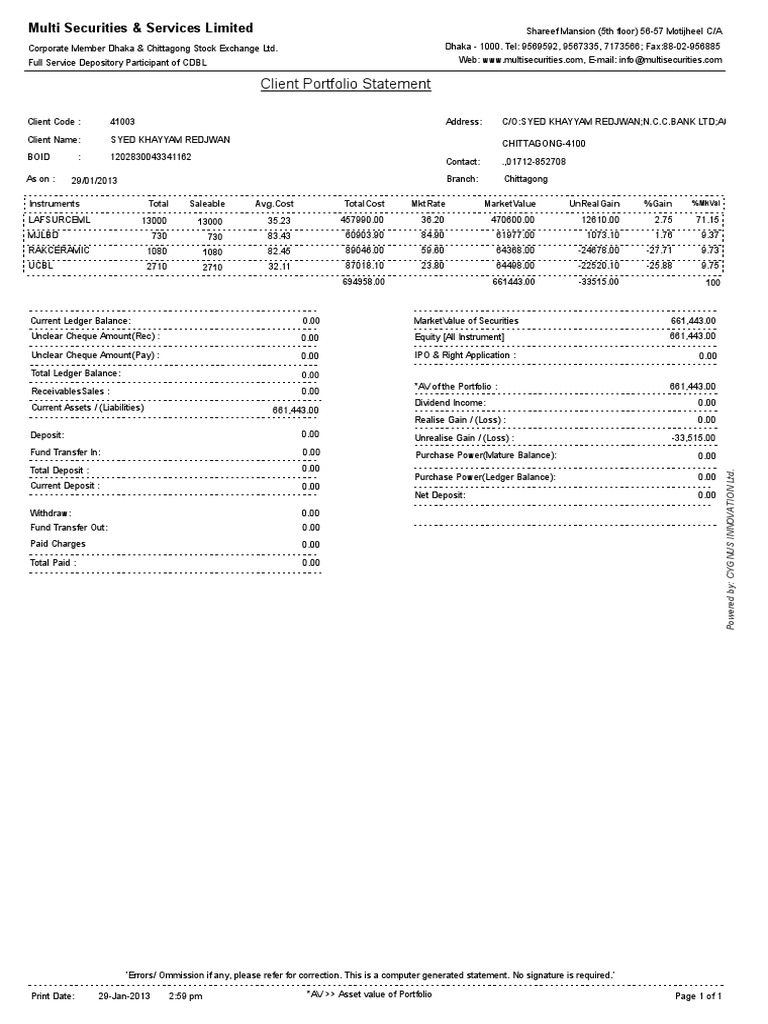 Client Portfolio Statement: Multi Securities & Services Limited | PDF ...