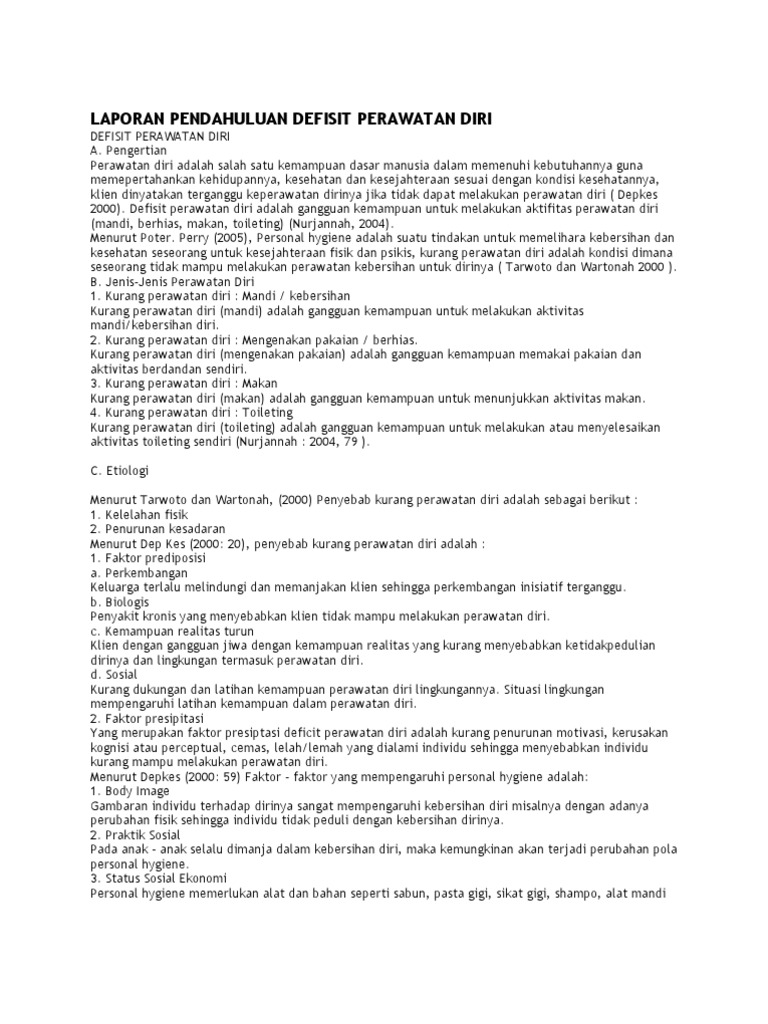 Laporan Pendahuluan Defisit Perawatan Diri | PDF | Karier & Perkembangan | Kesehatan Holistik