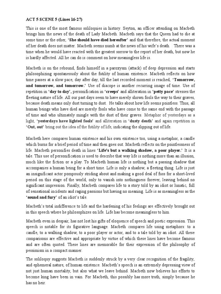 Soliloquy Act 5 Scene 5 | PDF | Macbeth