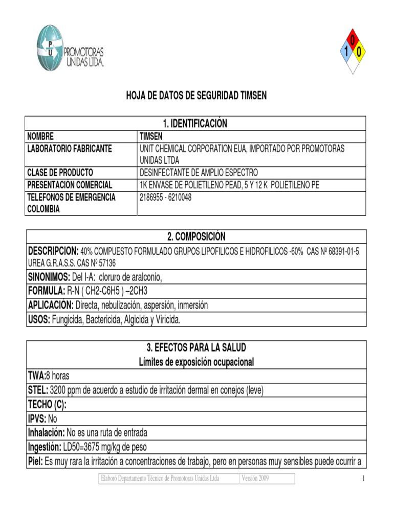 Hoja de Datos de Seguridad Timsen | PDF | Agua | Materiales