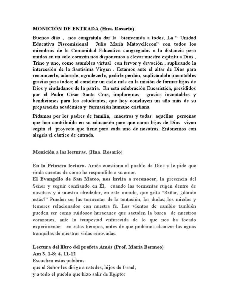 MONICION DE ENTRADA Clausura 2019-2020 | PDF | Misa (liturgia) | María, madre de Jesús