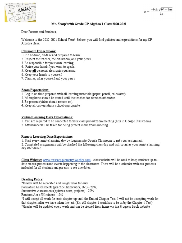 9th Grade Algebra Class Policies 2020-2021 | PDF | Classroom | Behavior ...