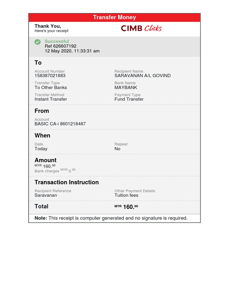 Transfer Money: Thank You | PDF