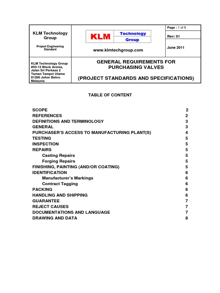 General Requirements For Purchasing Valves (Project Standards and ...