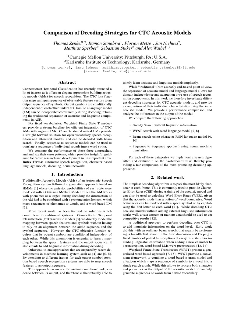 Comparison Of Decoding Strategies For Ctc Acoustic Models Pdf Speech Recognition