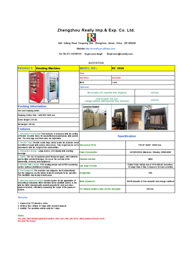 205a Vending Machine Quotation PDF | PDF | Business
