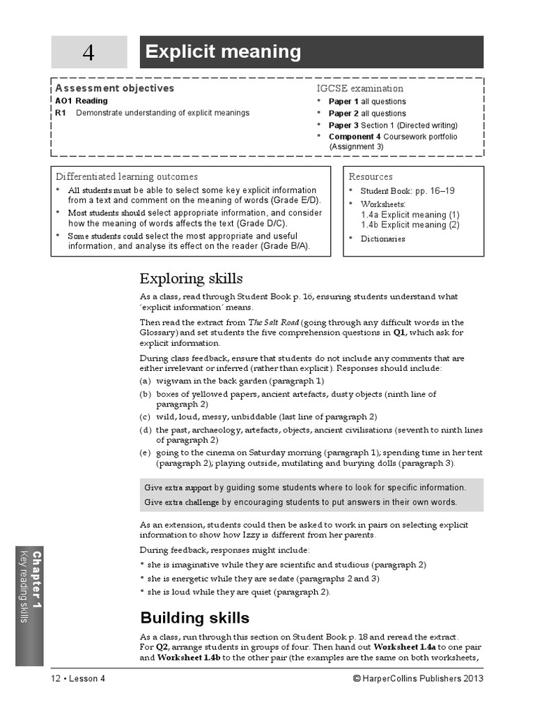 Explicit Meaning: Exploring Skills | PDF | Reading Comprehension ...
