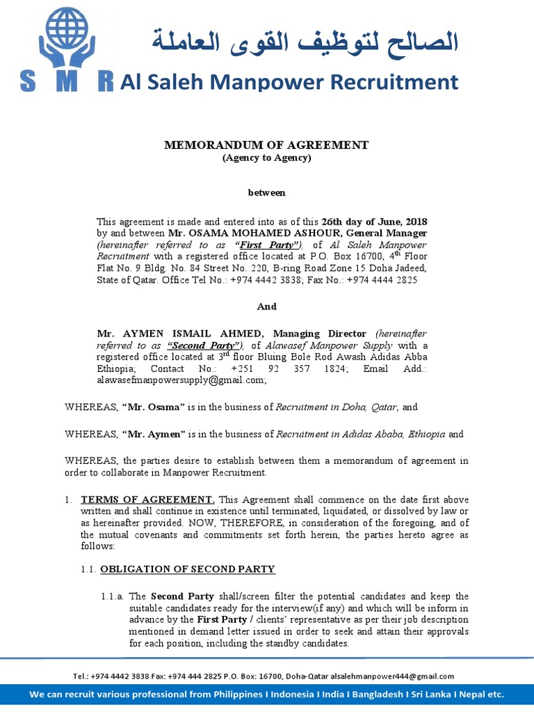 Memorandum of Agreement Between Al Saleh Manpower Recruitment of Qatar ...