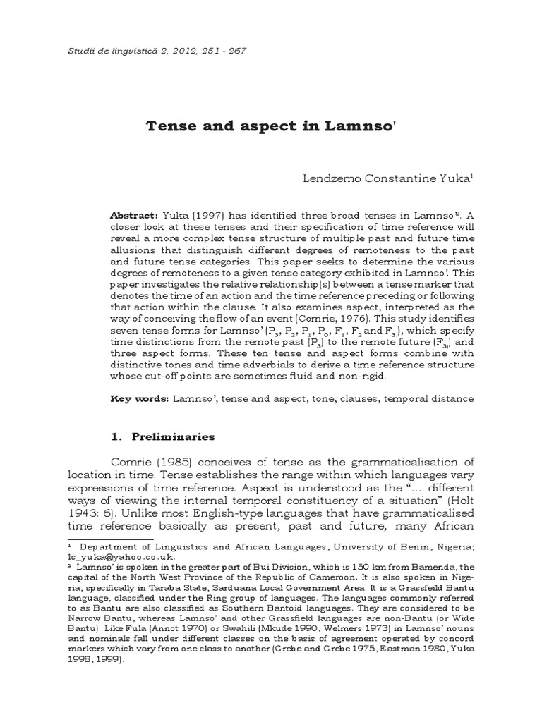 Tense and Aspect in Lamnso PDF | PDF | Tone (Linguistics) | Grammatical ...