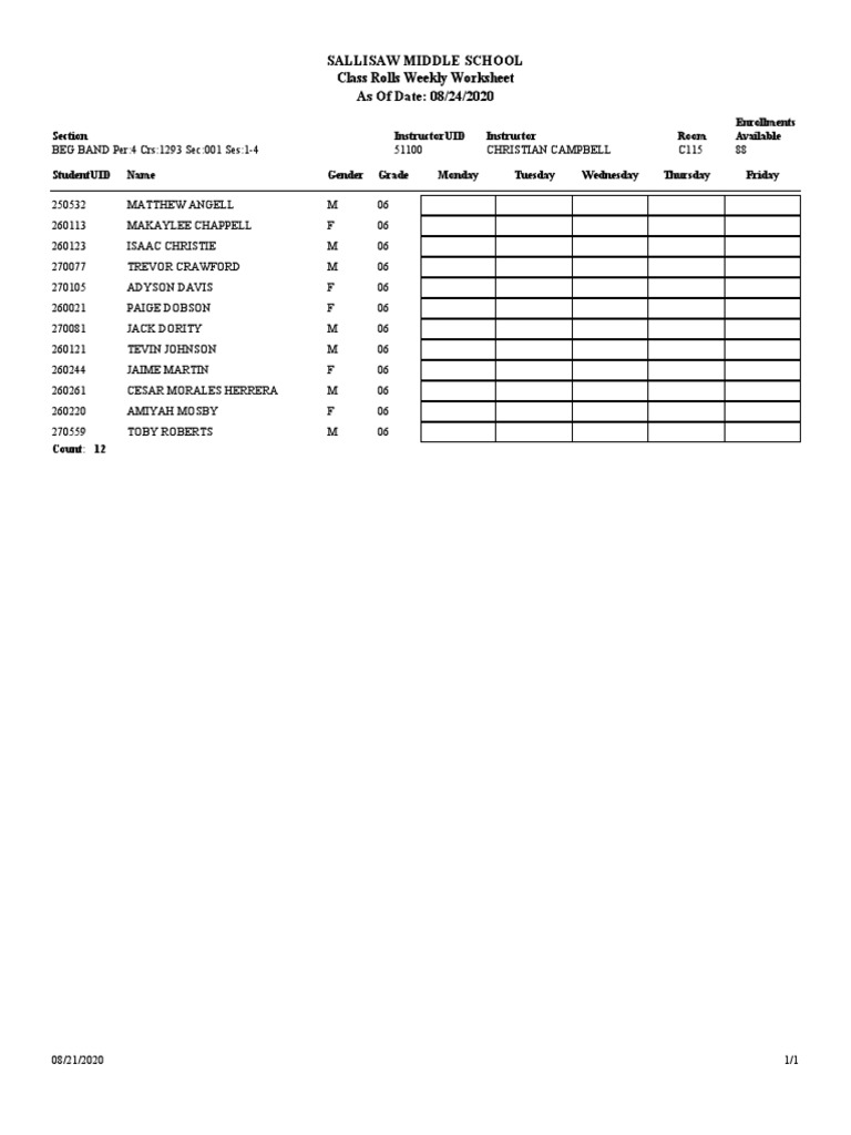 Sallisaw Middle School Class Roll | PDF