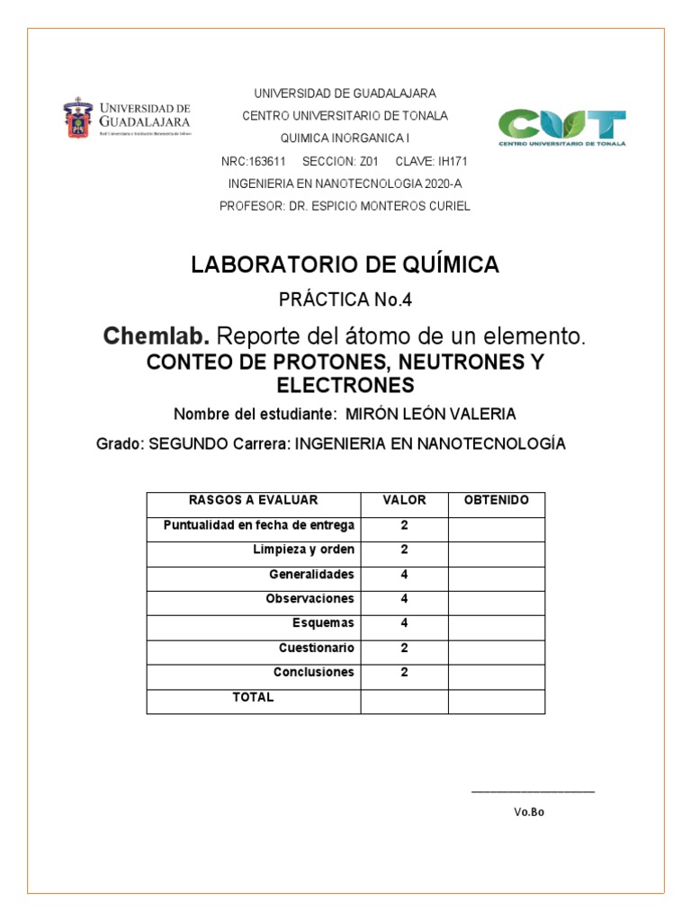 P.Chemlab 4 Conteo de Protones, Neutrones y Electrones | PDF | Protón | Neutrón