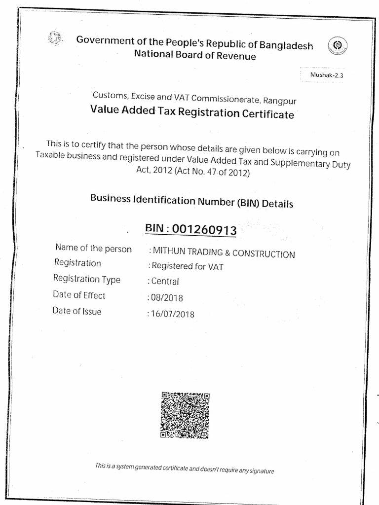 VAT BIN Certificate | PDF