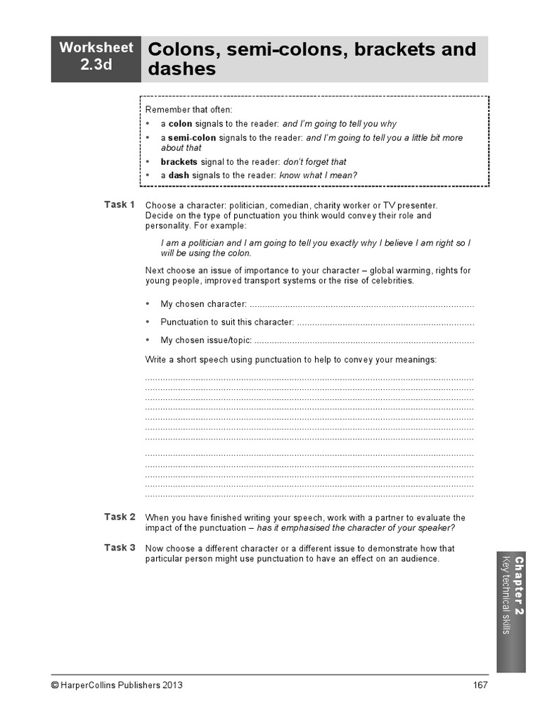 Colons, Semi-Colons, Brackets and Dashes: Worksheet | PDF | Punctuation ...