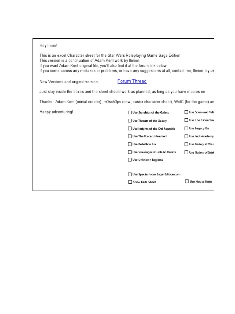An Excel Character Sheet for the Star Wars Roleplaying Game Saga ...