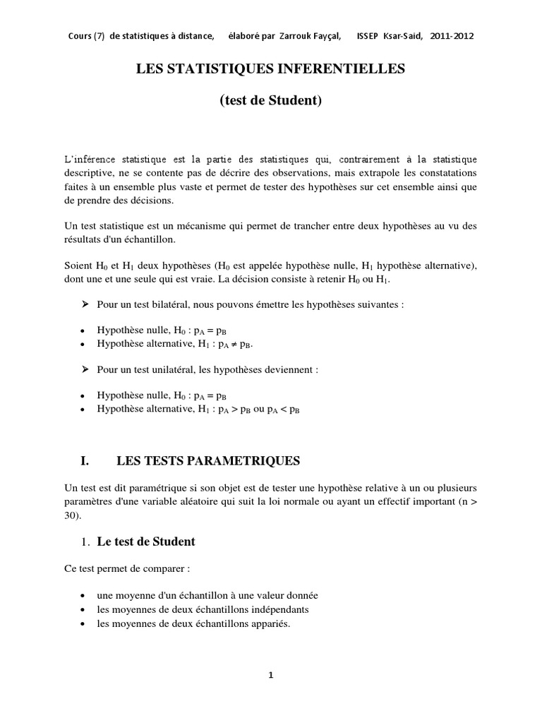 Test de Student en Statistiques | PDF | Variance (mathématiques) | Test ...