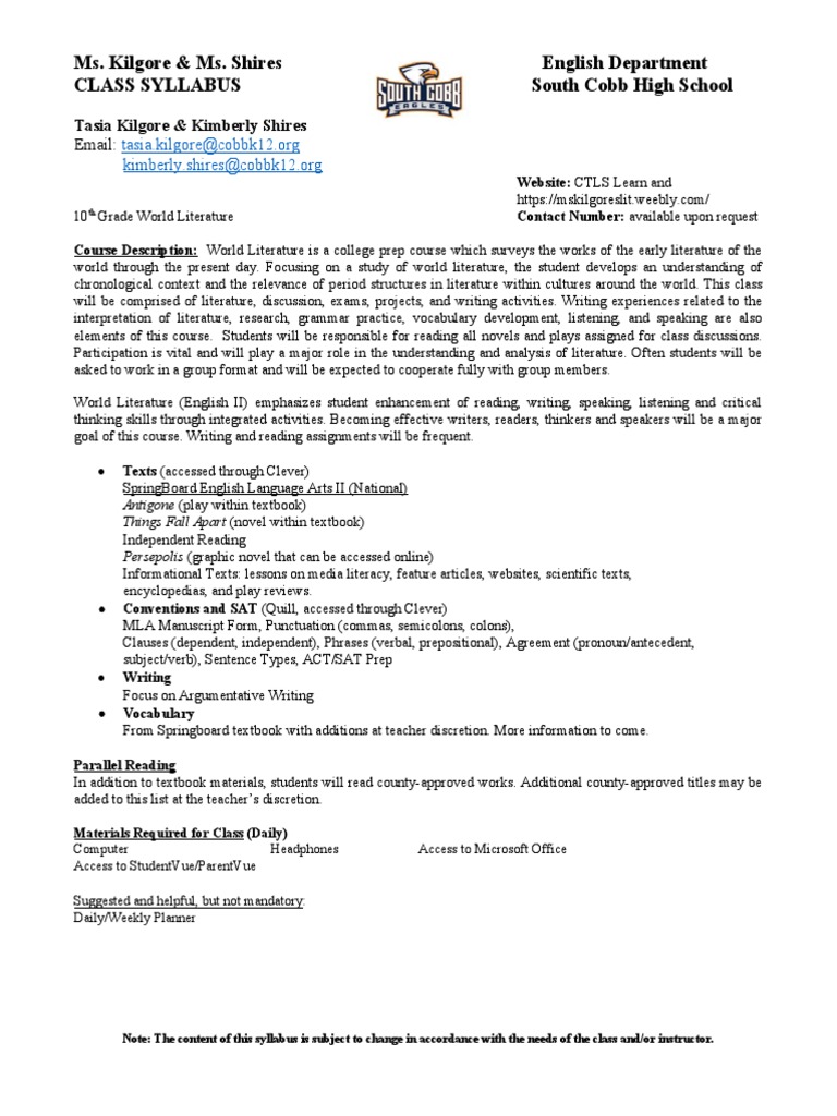 10th Grade World Literature Syllabus | PDF | Plagiarism | English Language