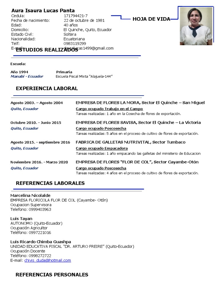 Hoja de Vida de Aura Isaura Lucas | PDF