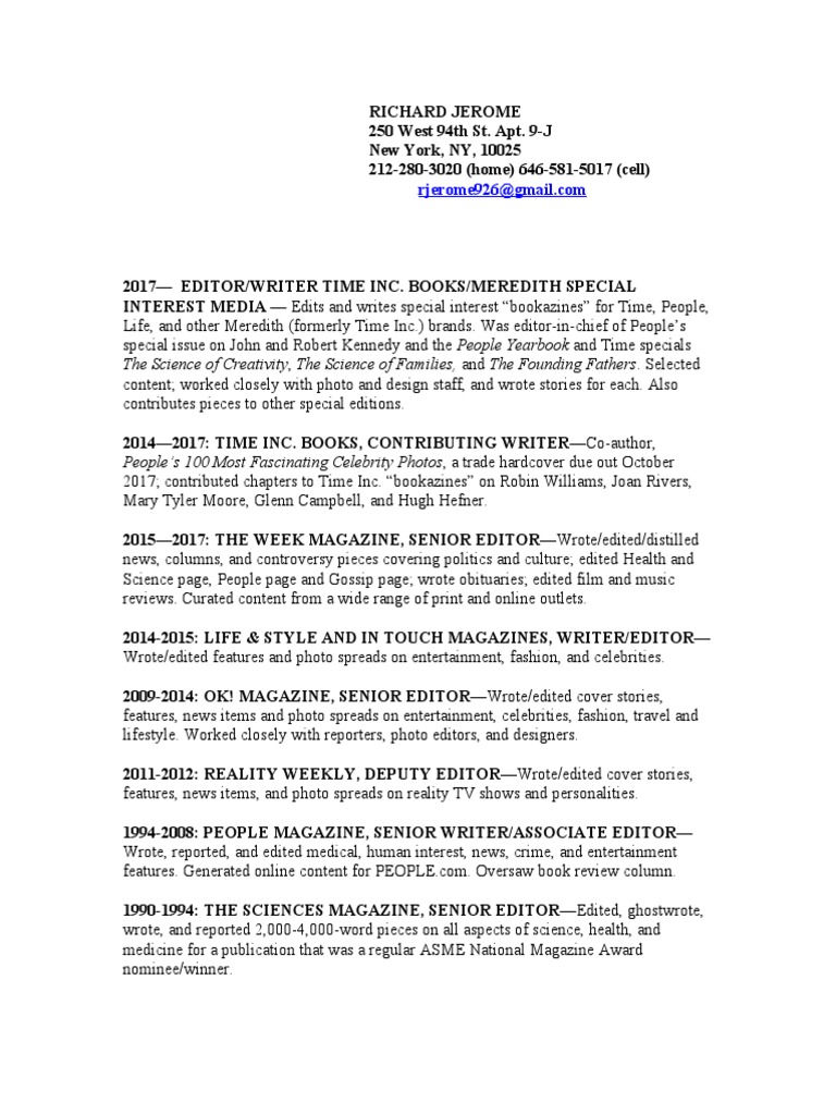 Richard Jerome Resume 1 | PDF | Editing | Publications
